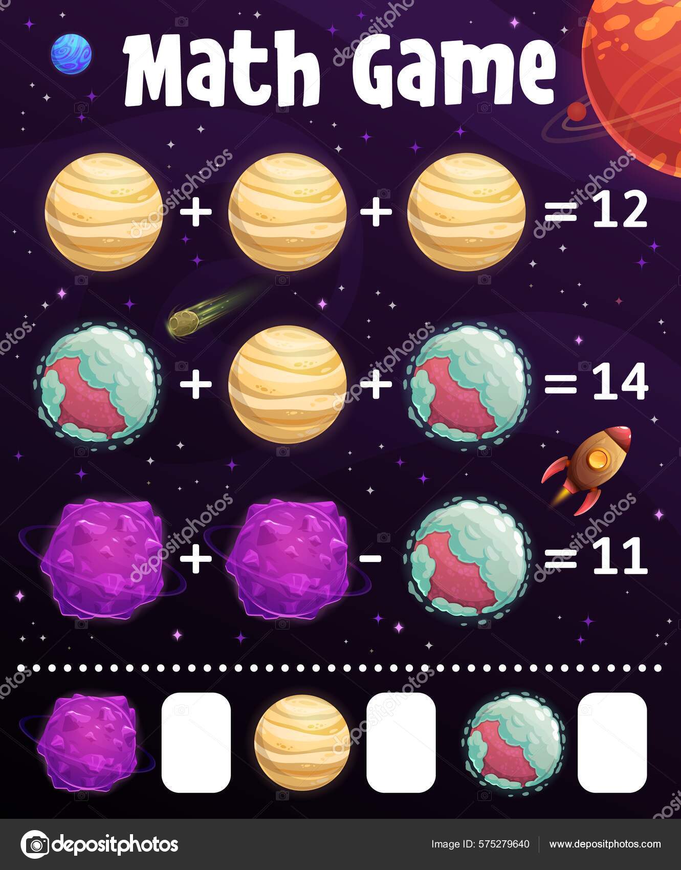 Math Game Worksheet Cartoon Space Planets Education Maze Vector Puzzle ...