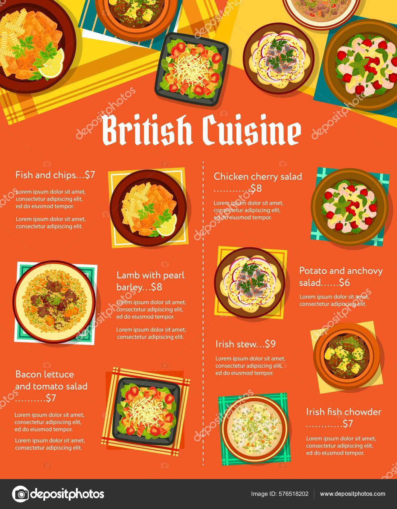 British Cuisine Menu Template Kidney Soup Fish Chips Salad Potato Stock ...