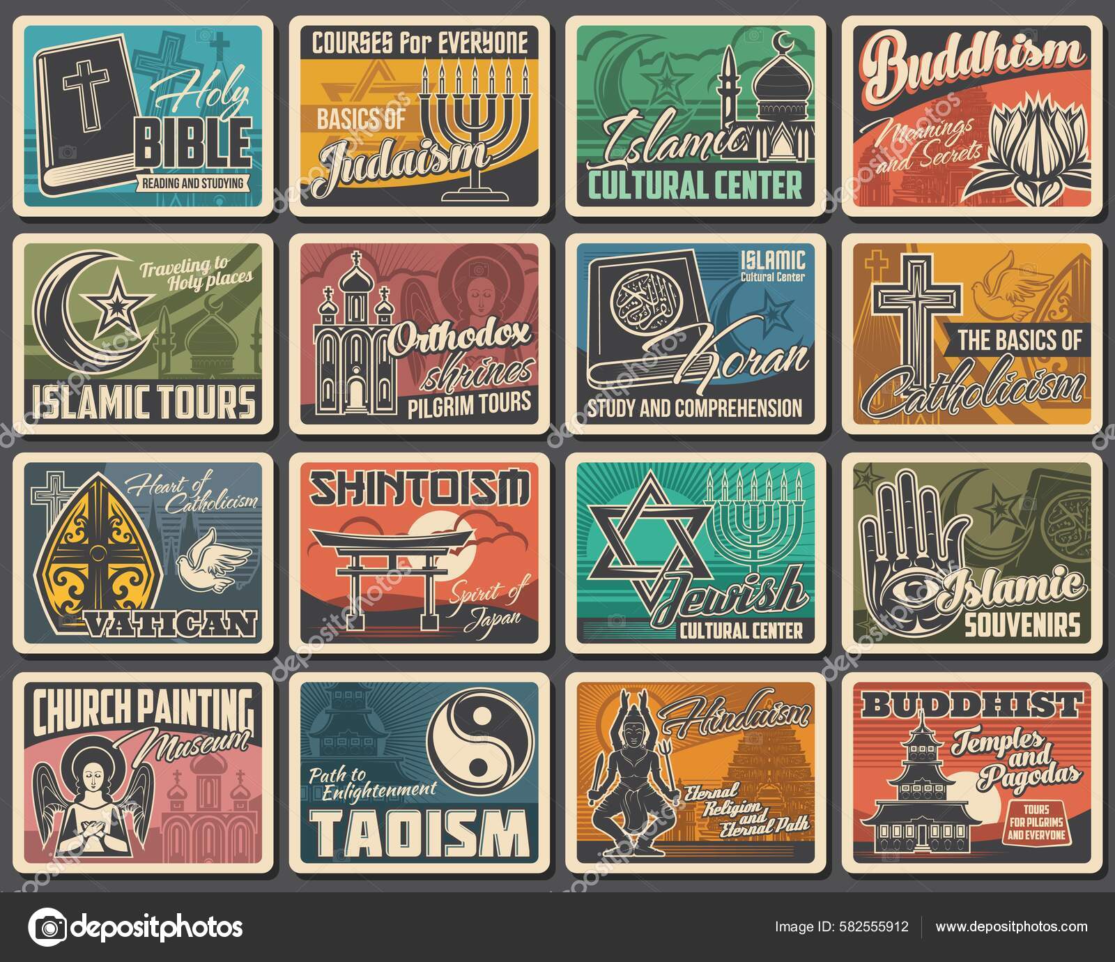 Religies Van Wereld Religieuze Symbolen Posters Vector Retro ...