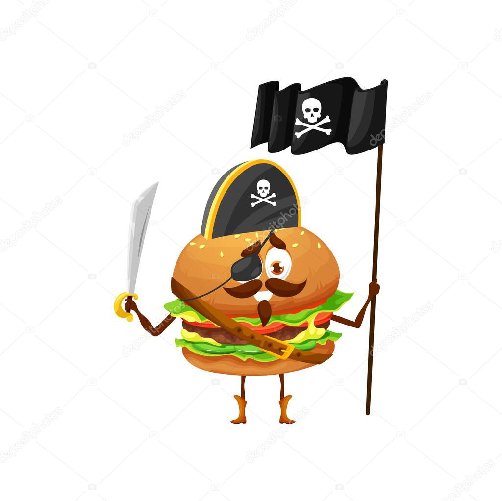 Dibujos animados hamburguesa pirata capitán con bandera. Happy fast ...