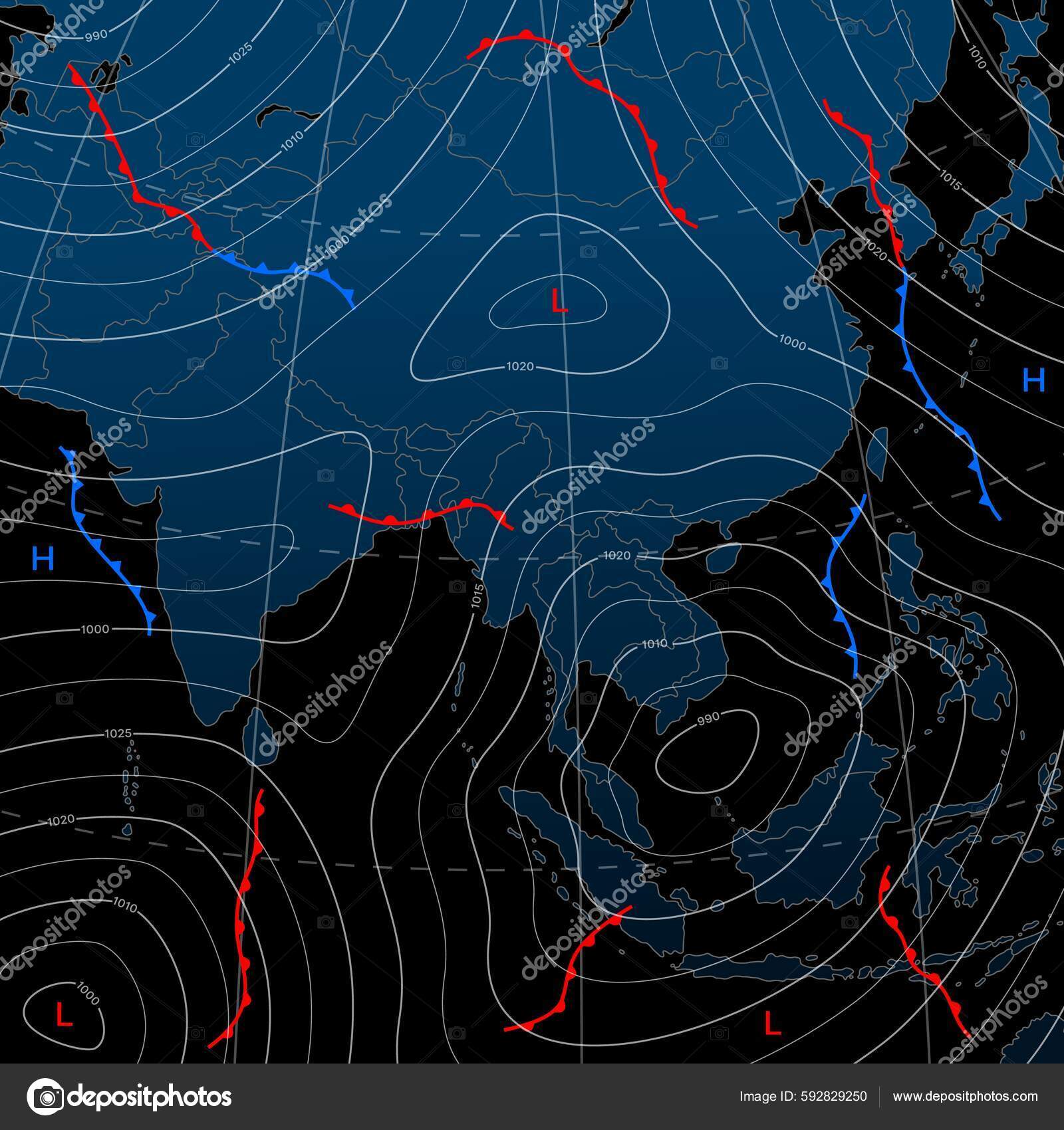 Forecast Weather Isobar Night Map Asia Wind Fronts Temperature Vector Stock Vector by ...