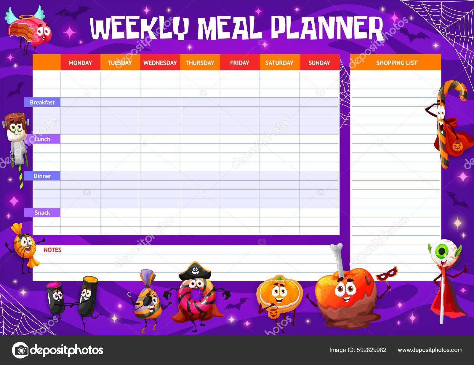 Weekly Meal Planner Cartoon Halloween Candy Characters Vector Food Plan ...
