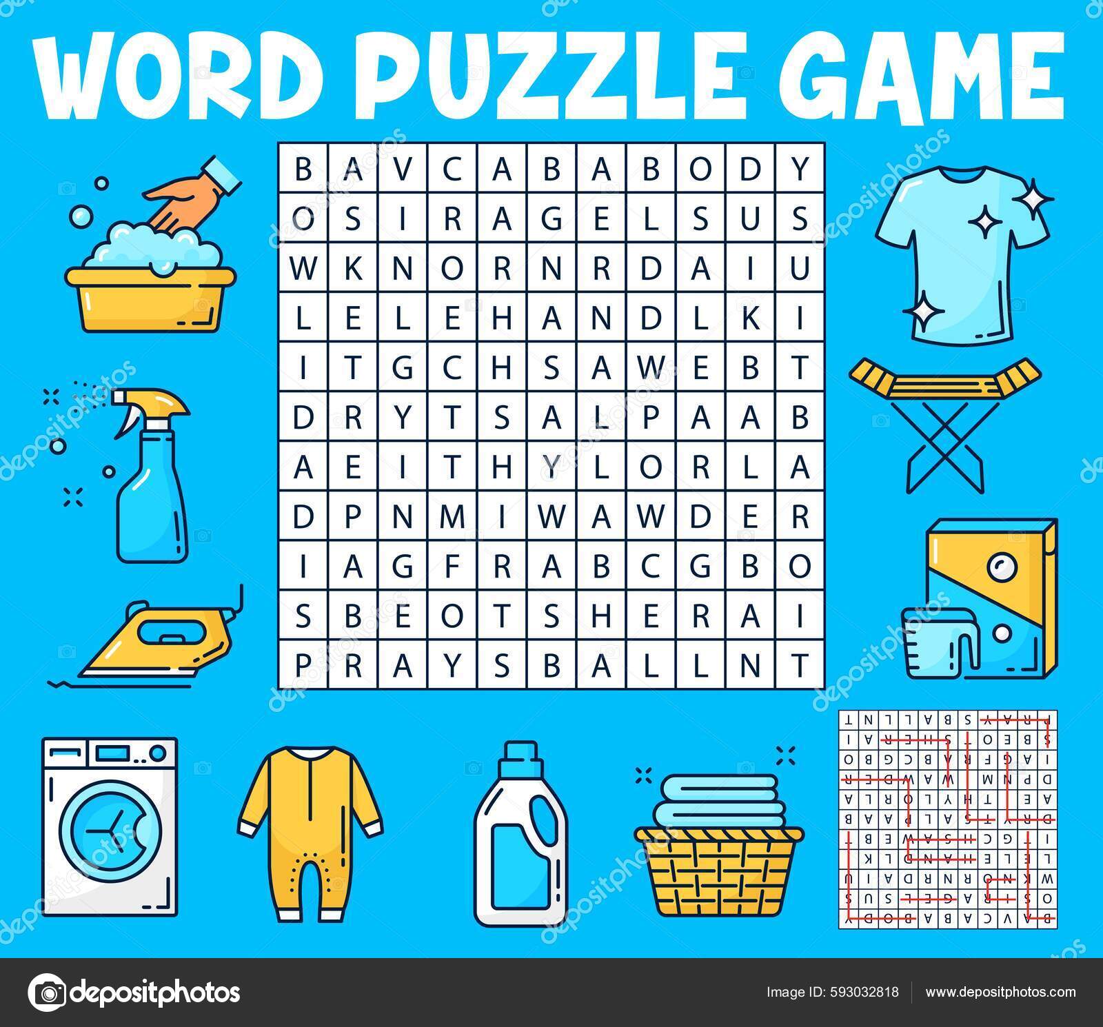 Washing Cleaning Word Search Puzzle Game Worksheet Vector Kids Quiz ...
