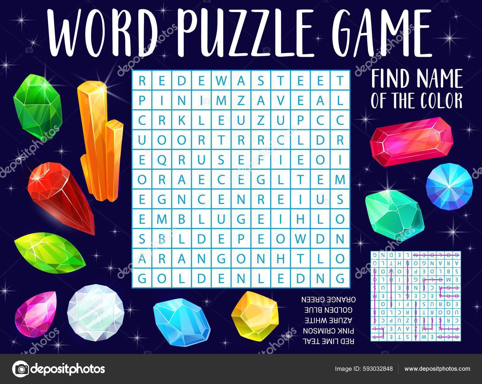 Gems Jewel Crystals Word Search Puzzle Game Worksheet Kids Quiz Vector ...