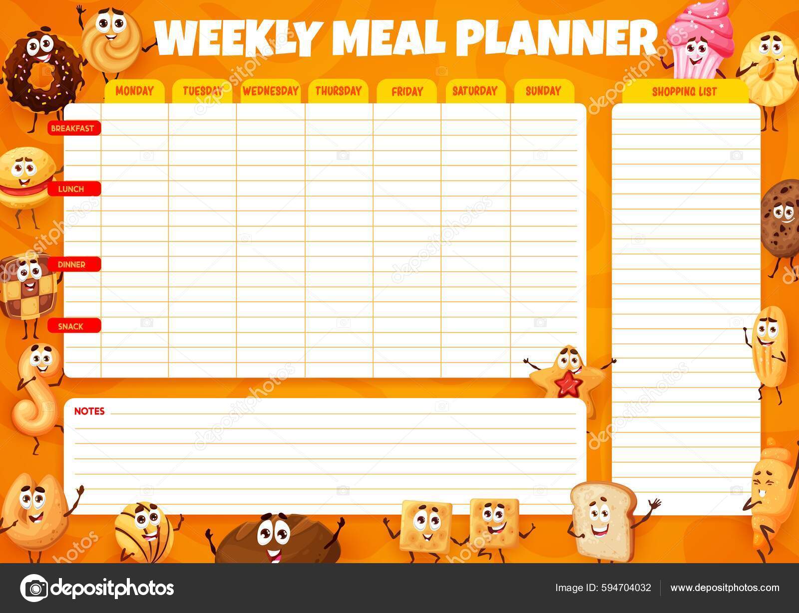 Weekly Meal Planner Cartoon Bakery Pastry Cakes Cookies Personages Diet ...