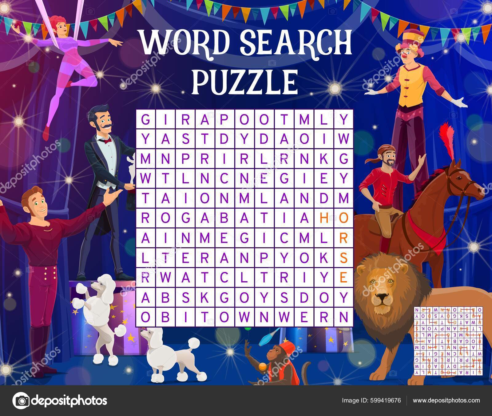 Cartoon Shapito Circus Acrobats Animals Word Search Puzzle Game Vector ...