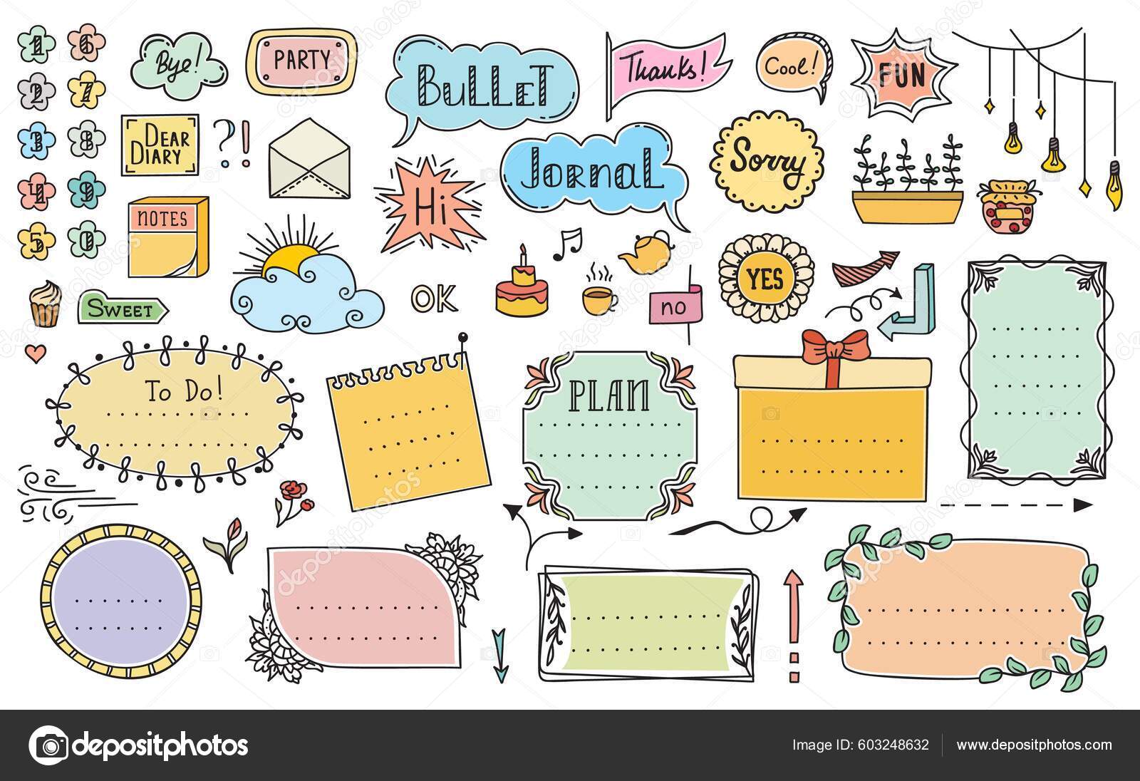 Bullet Journal Diary Calendar Color Doodle Frames Elements Vector ...