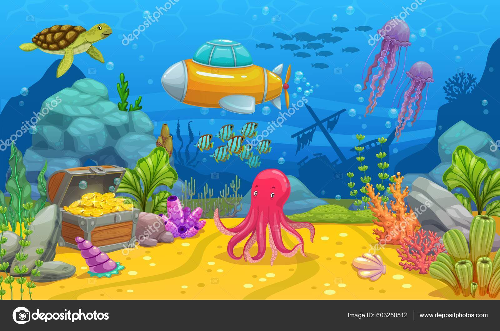 Underwater Game Landscape Submarine Sunken Ship Cartoon Vector Seascape ...