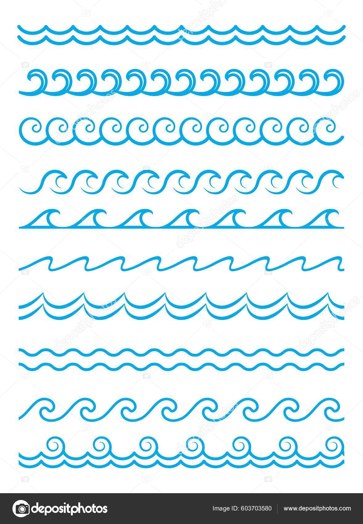 Sea Ocean Wave Lines Blue Water Surf Borders Frames Vector Vektor Stok ...