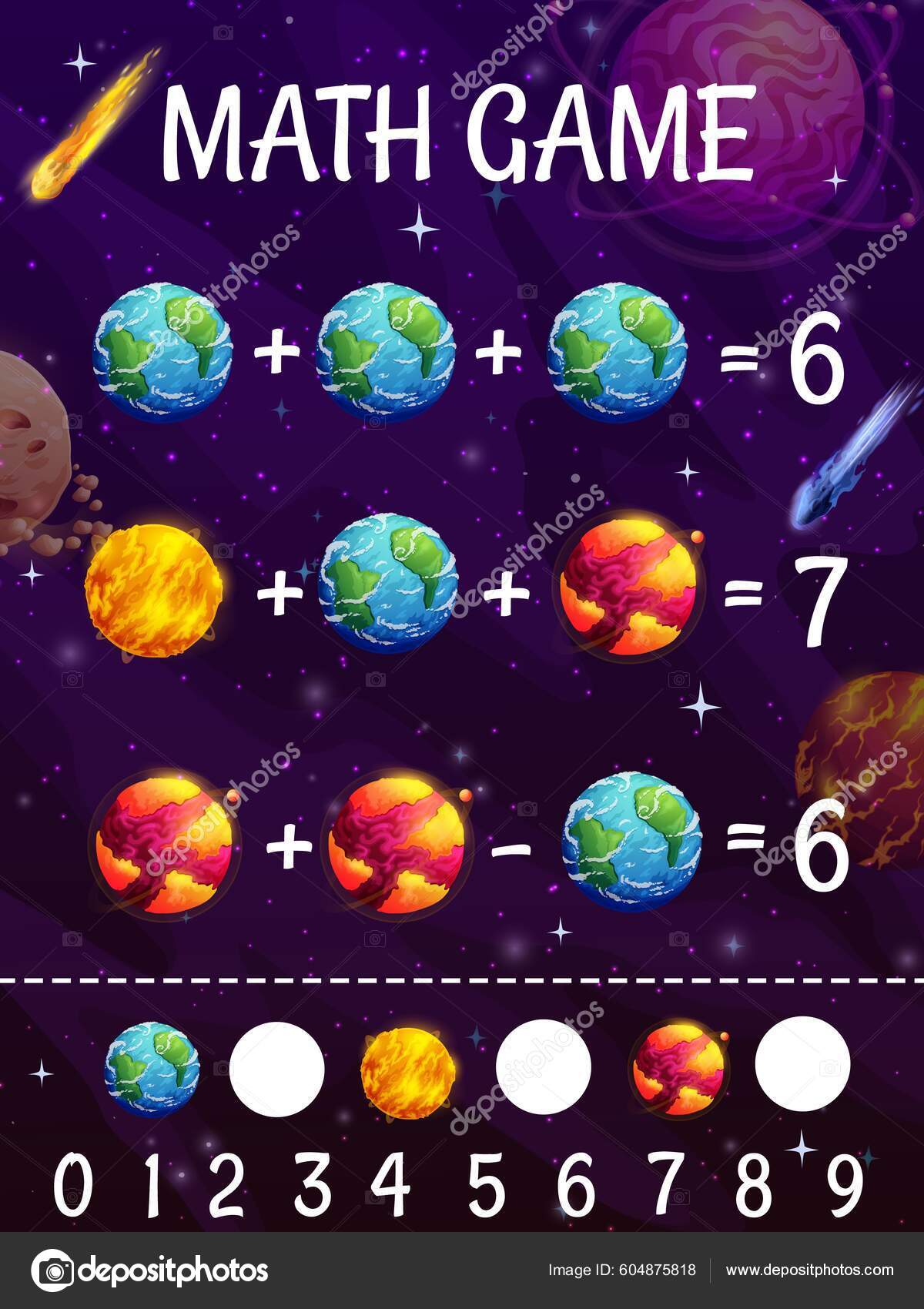 Kids Math Game Worksheet Galaxy Space Cartoon Alien Planets Stars ...