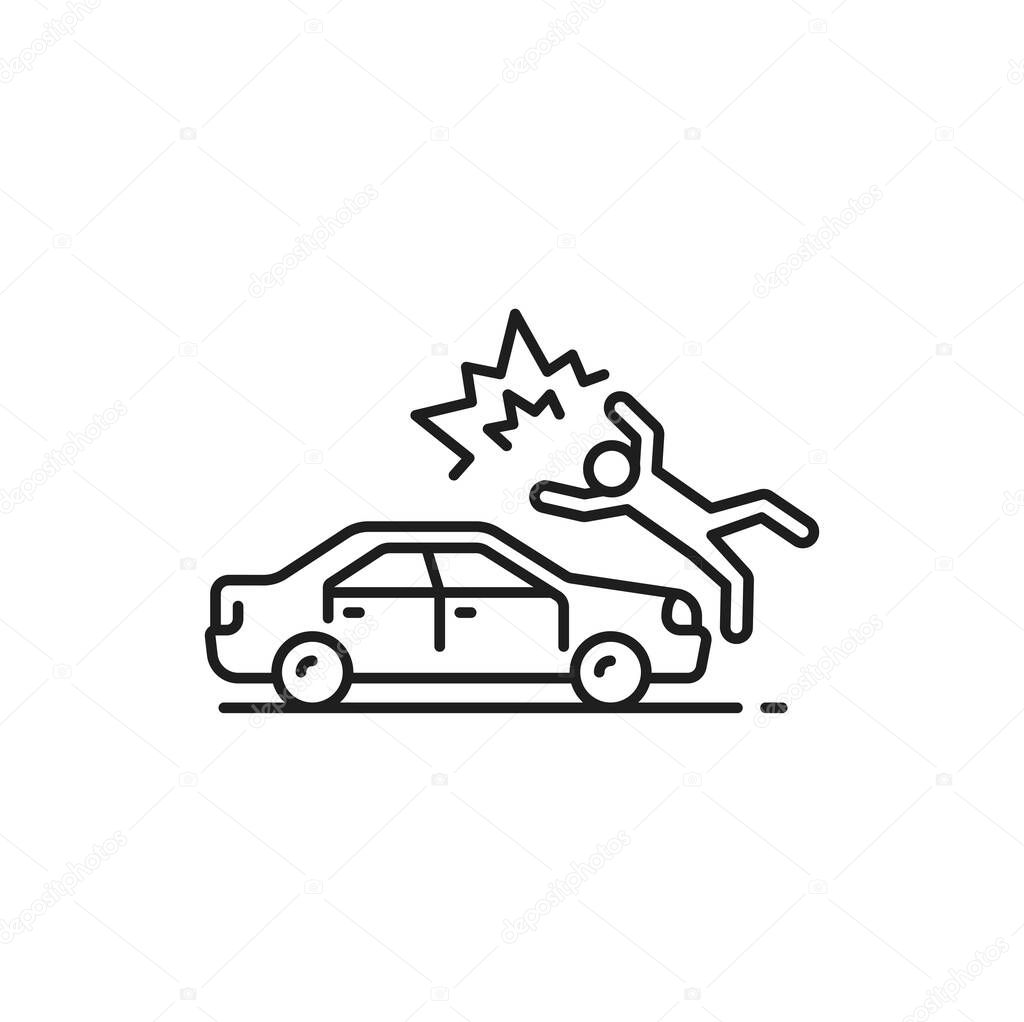 Car crash or road collision with pedestrian thin line icon. Road crash ...