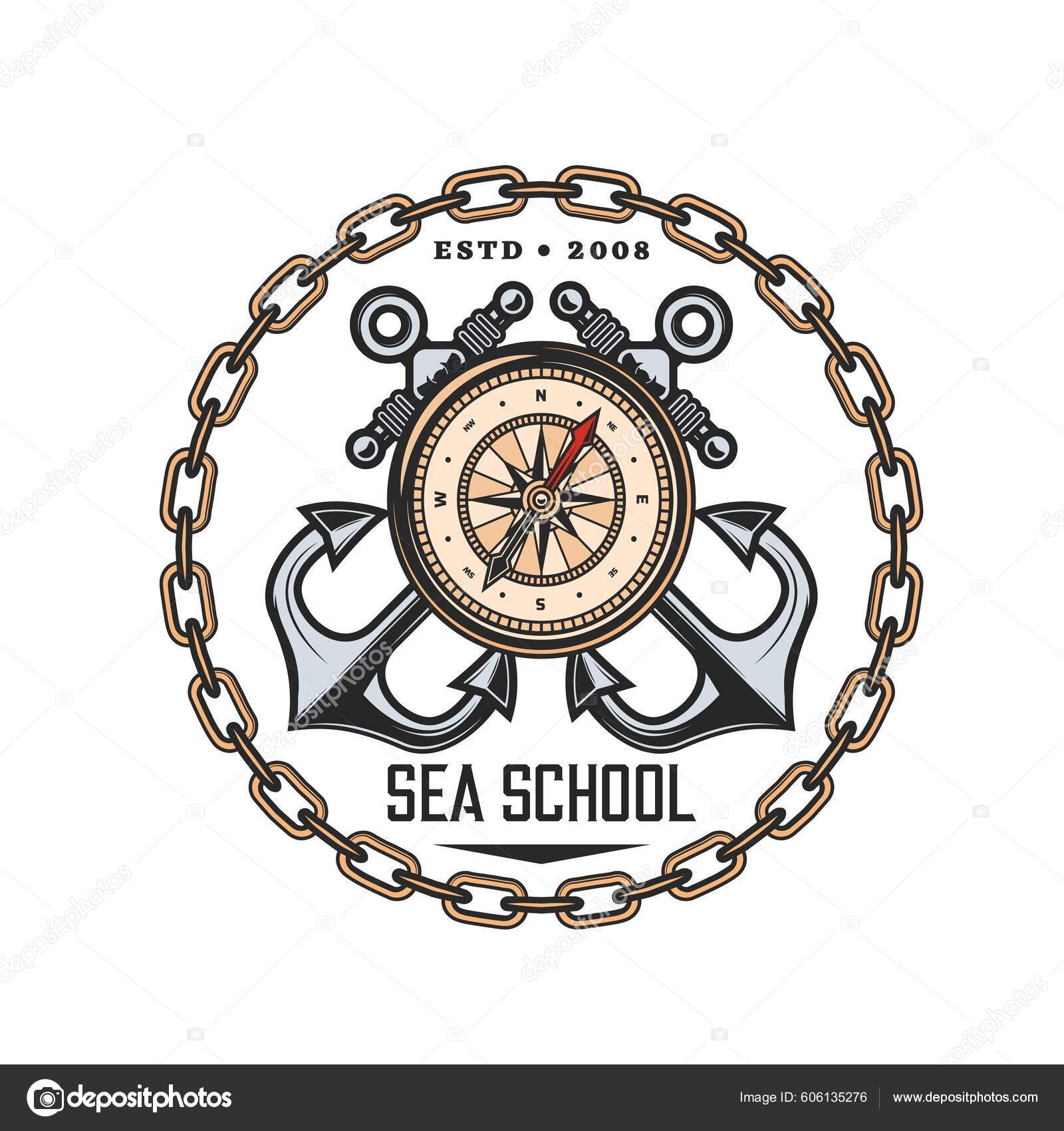 Sea School Heraldic Vector Icon Compass Crossed Anchors Nautical ...