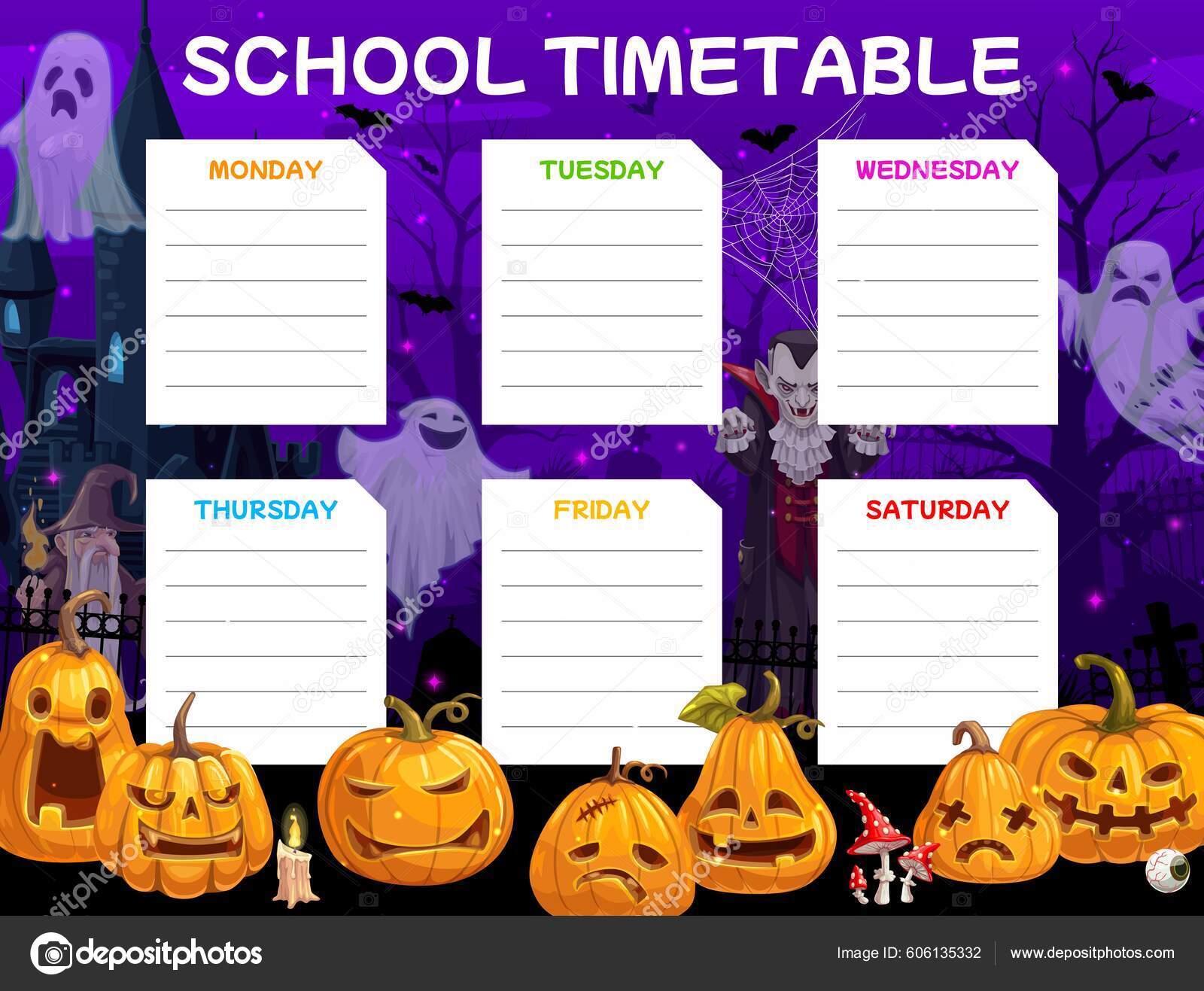 Halloween Timetable Schedule Cartoon Pumpkins Ghosts Castle Cemetery ...