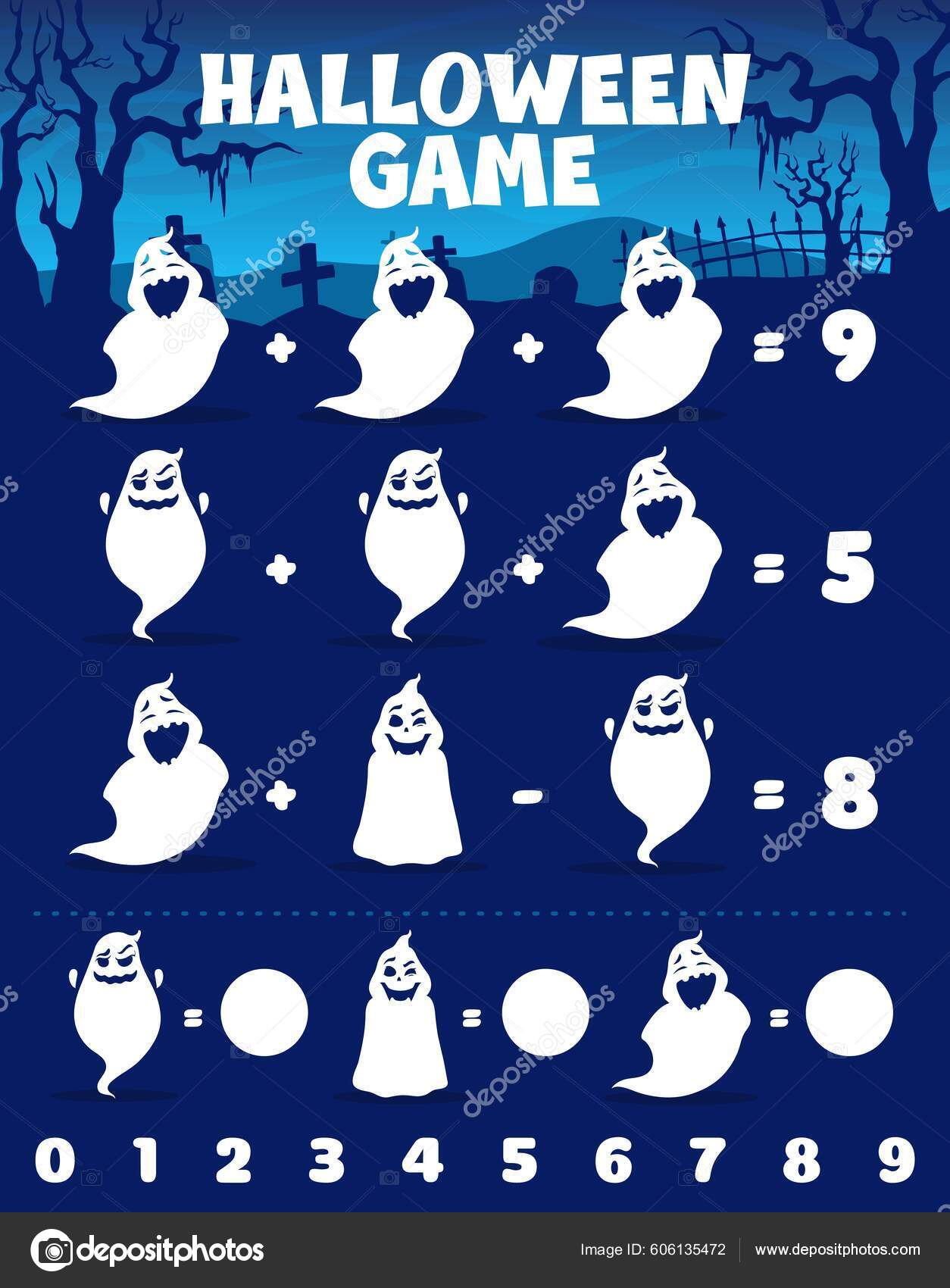Cartoon Halloween Ghost Characters Math Game Worksheet Kids Math ...