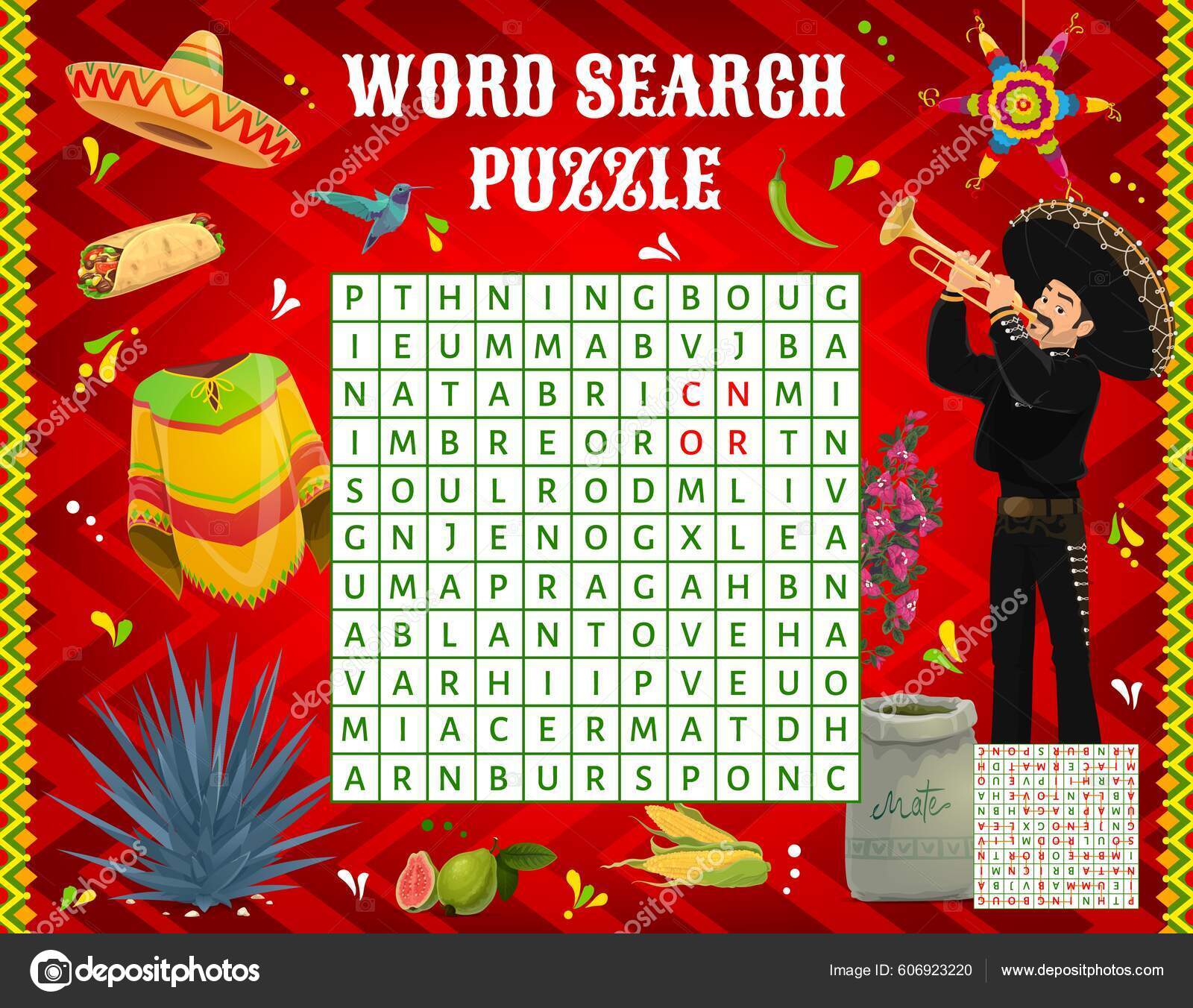 Word Search Puzzle Vector Game Worksheet Mexican Mariachi Food Pinata ...