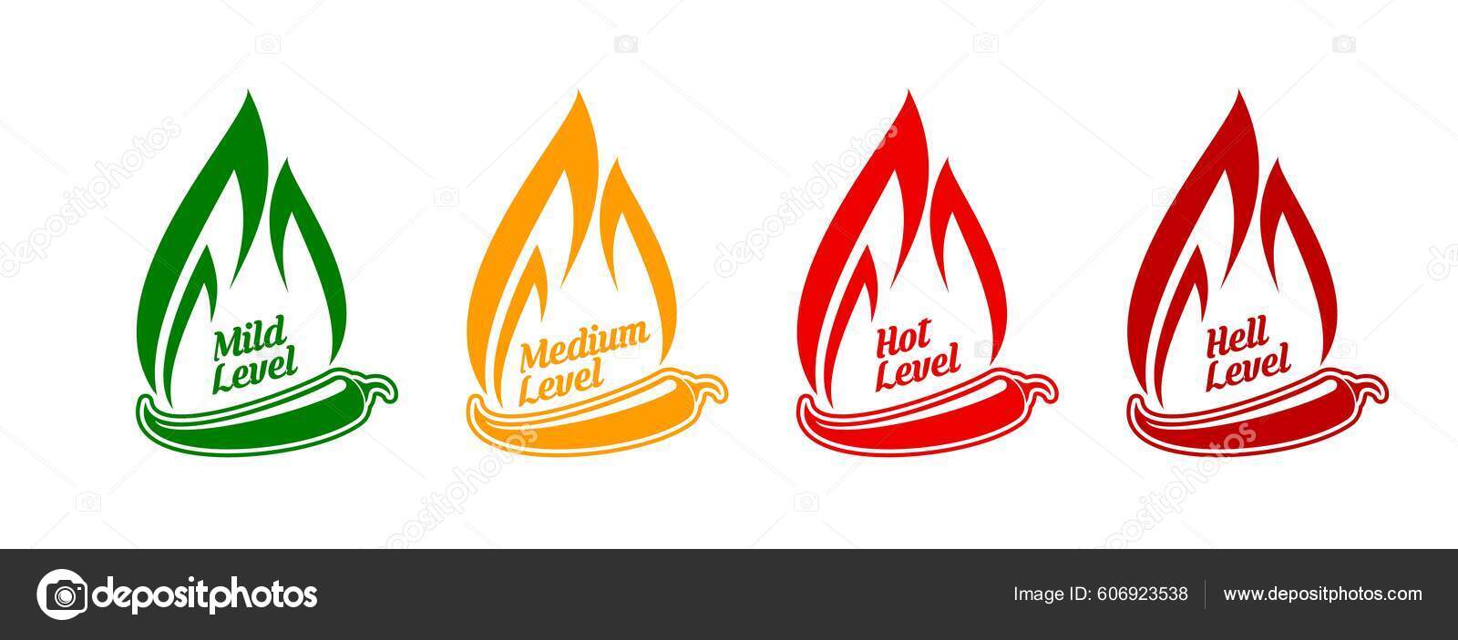 Spicy Level Labels Flames Hot Chili Peppers Vector Food Chilli Stock ...