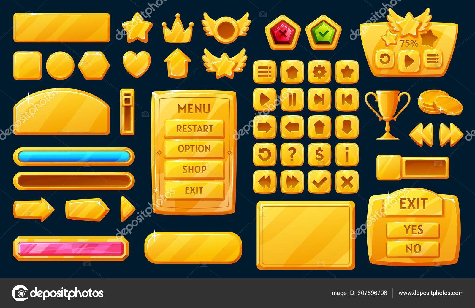 Golden Interface Game Buttons Gui Elements Vector Set Pop Window Stock Vector Image by ...