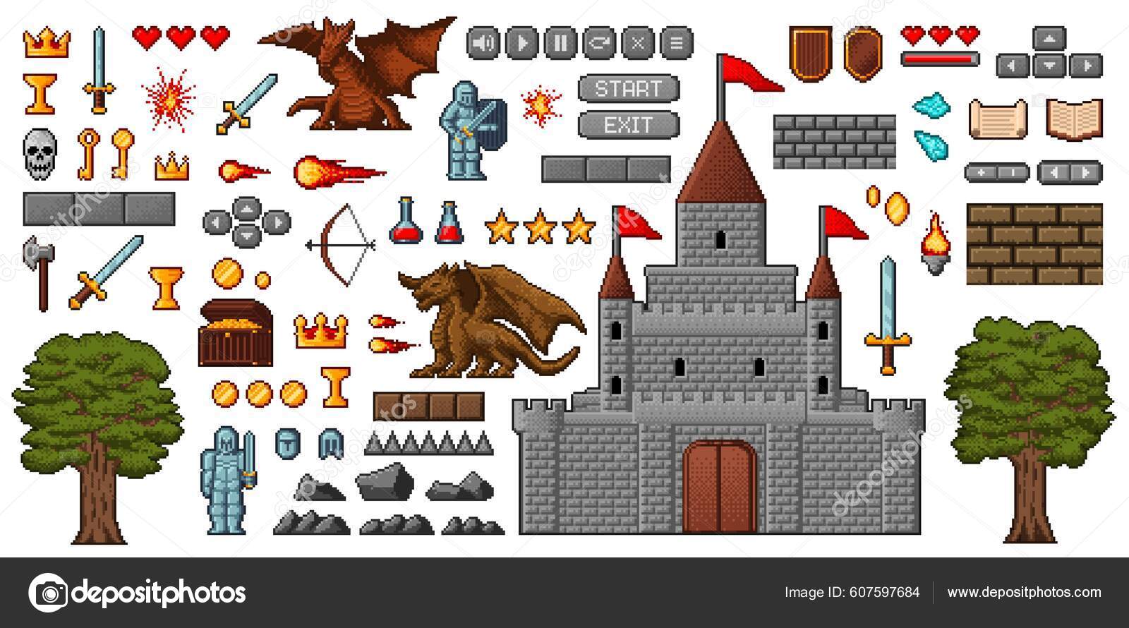 8Bit Pixel Art Game Icons Medieval Knight Dragon Castle Oak Stock ...