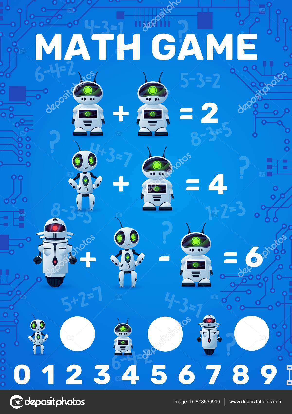Math Game Worksheet Cartoon Robots Droids Motherboard Lines Kids ...