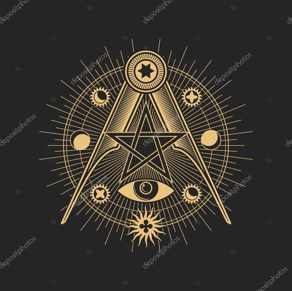 Signo masón, símbolo de pentagrama esotérico oculto de ojo y brújulas ...