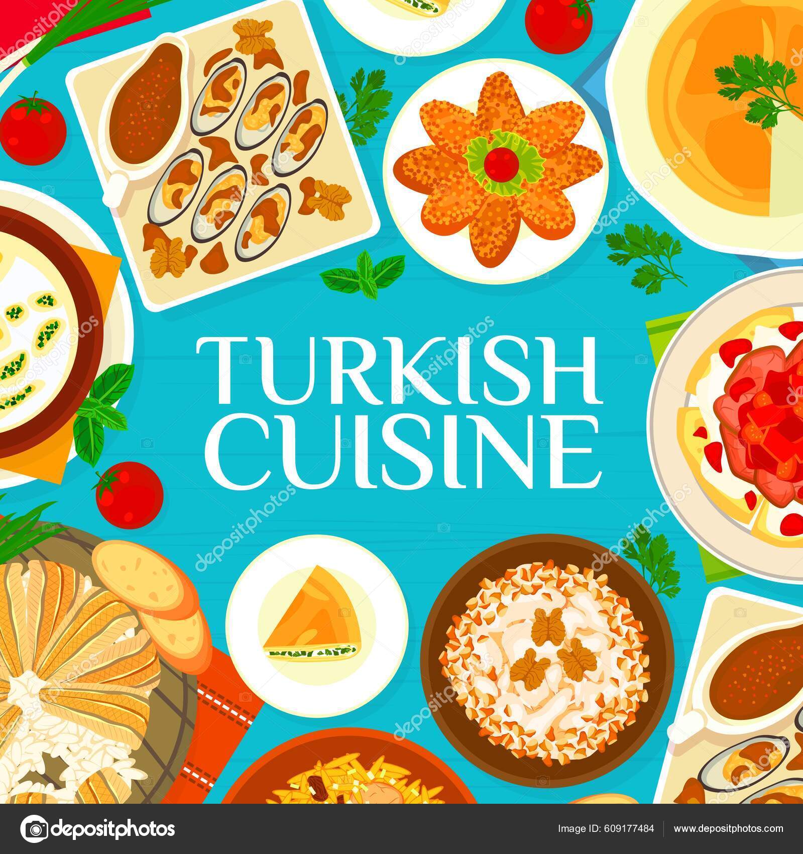 Turkish Cuisine Menu Cover Turkey Food Meals Dishes Vector Lunch Stock ...