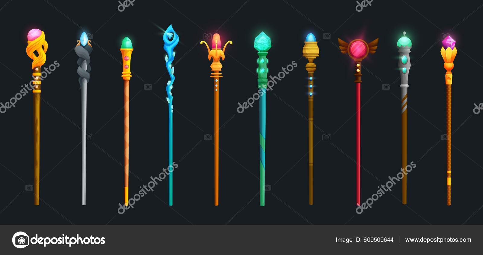 Magic Staff Set Wizard Sorcerer Magician Cartoon Vector Wands Sticks ...