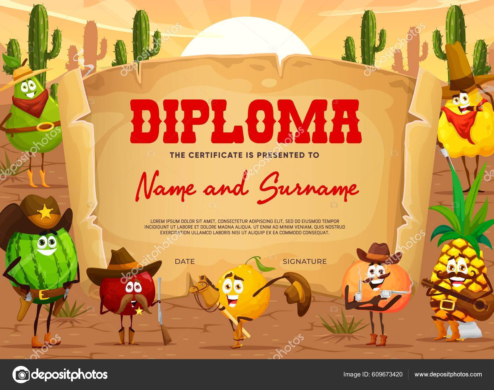 Kids Diplom Wild West Tegneserie Frugt Cowboy Ranger Sherif Røver Stock ...