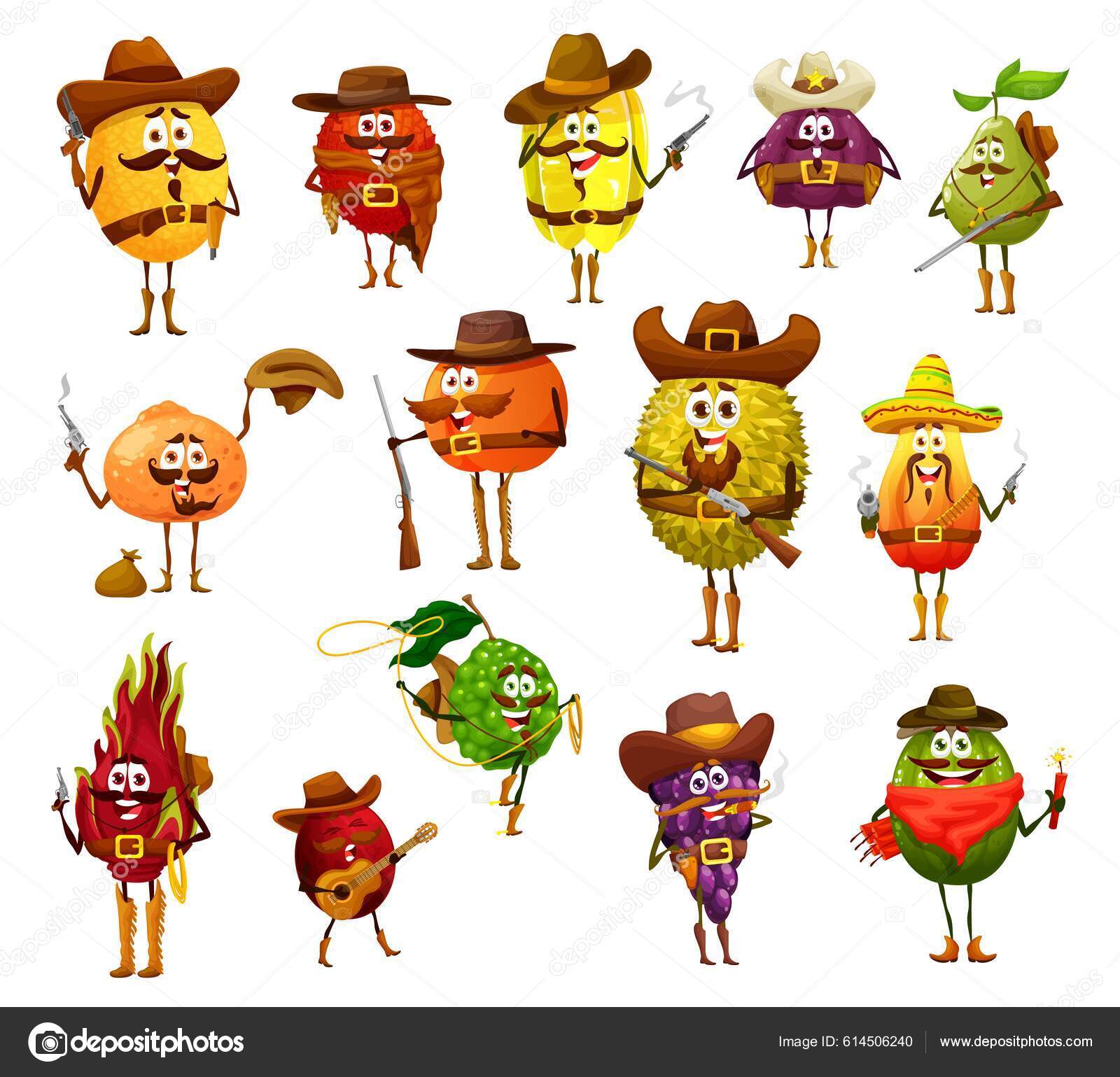 Kartun Koboi Perampok Sheriff Ranger Dan Bandit Karakter Buah Vektor ...