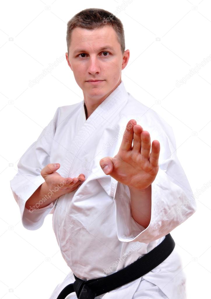 Punch.shock.figure in the karate fighting stance on a white back ...