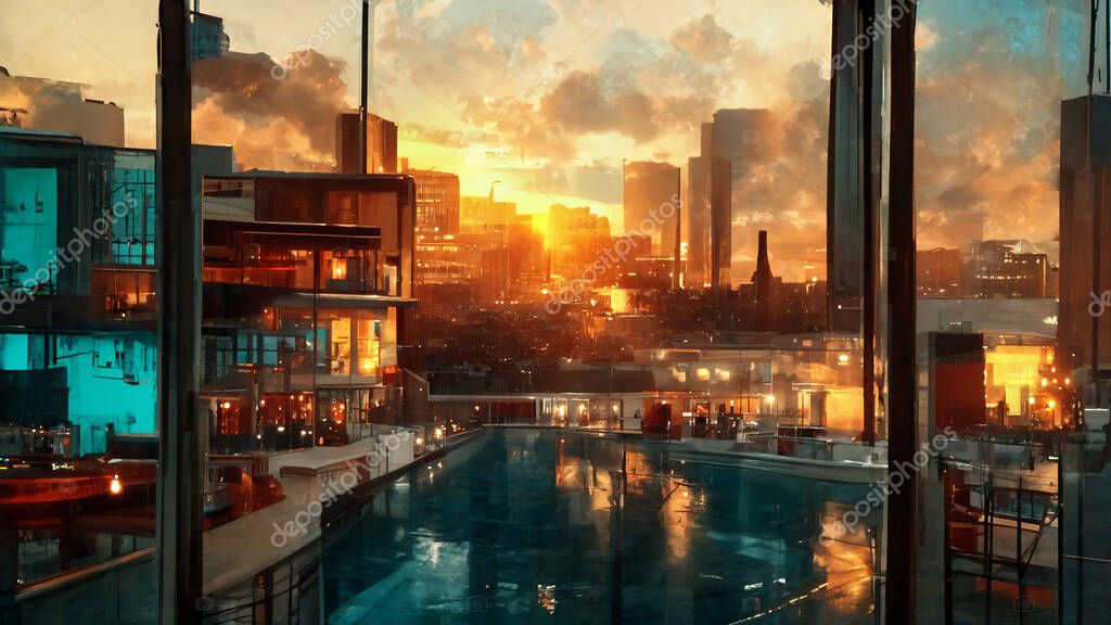 Big city view with glowing sun on cloudy sky background, view through ...