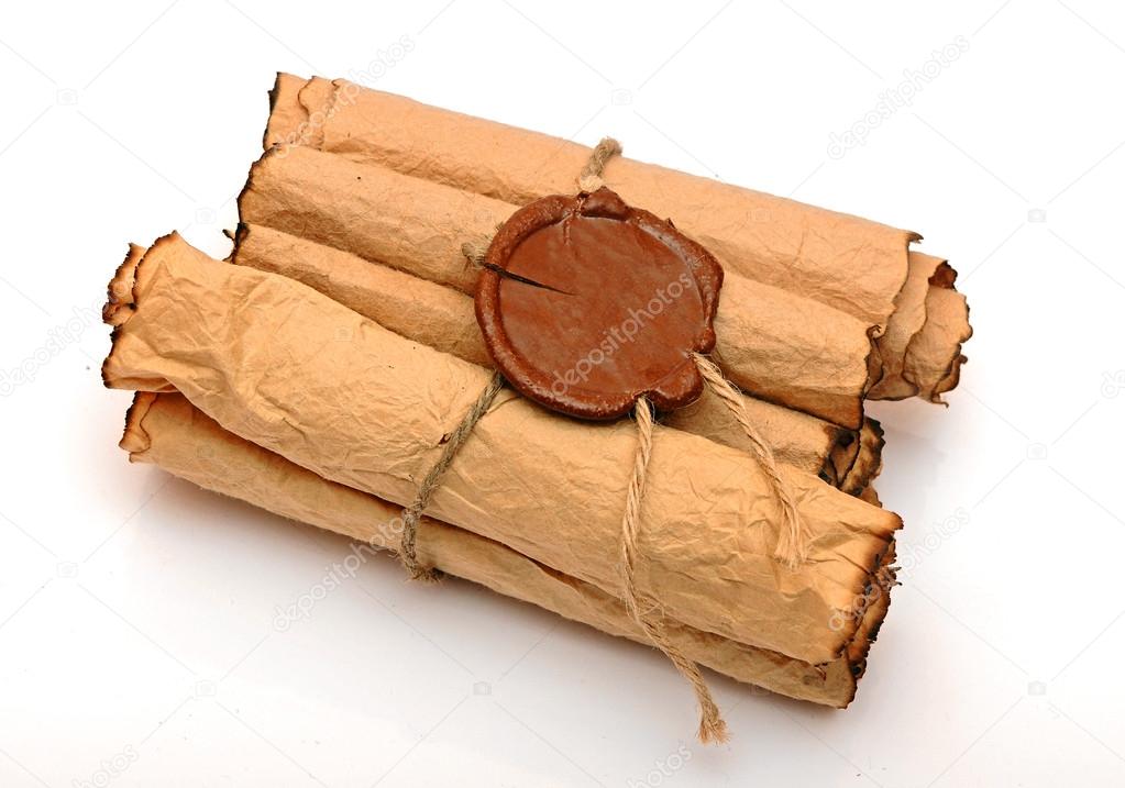 Pile old paper scroll with a wax seal on a white background — Stock ...
