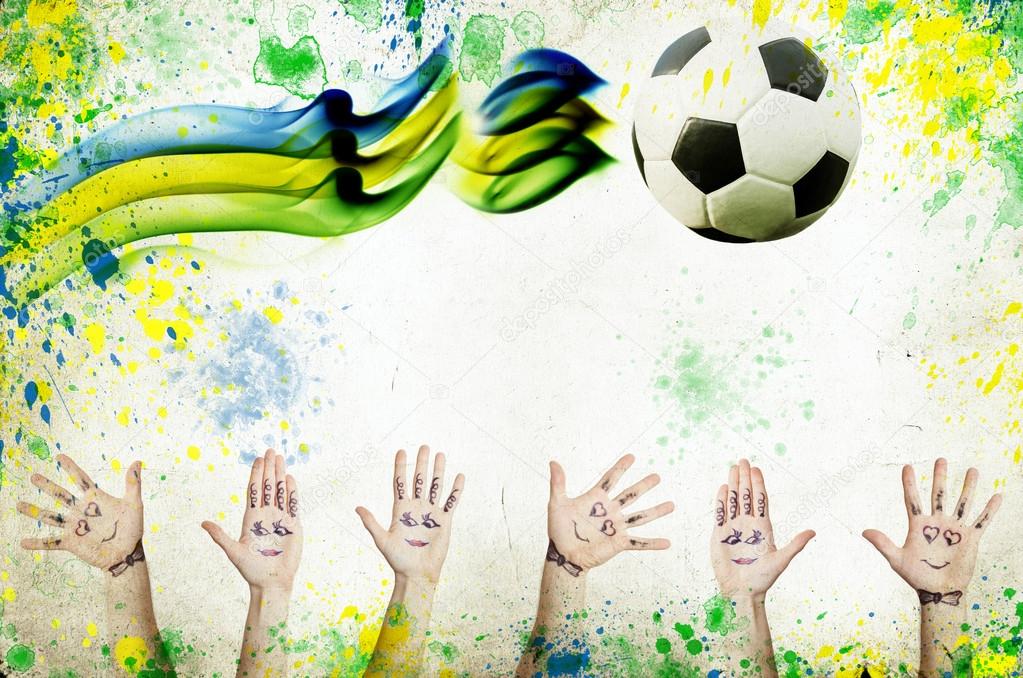 Vintage photo of cheering hands, soccer ball and the Brazil flag Stock ...