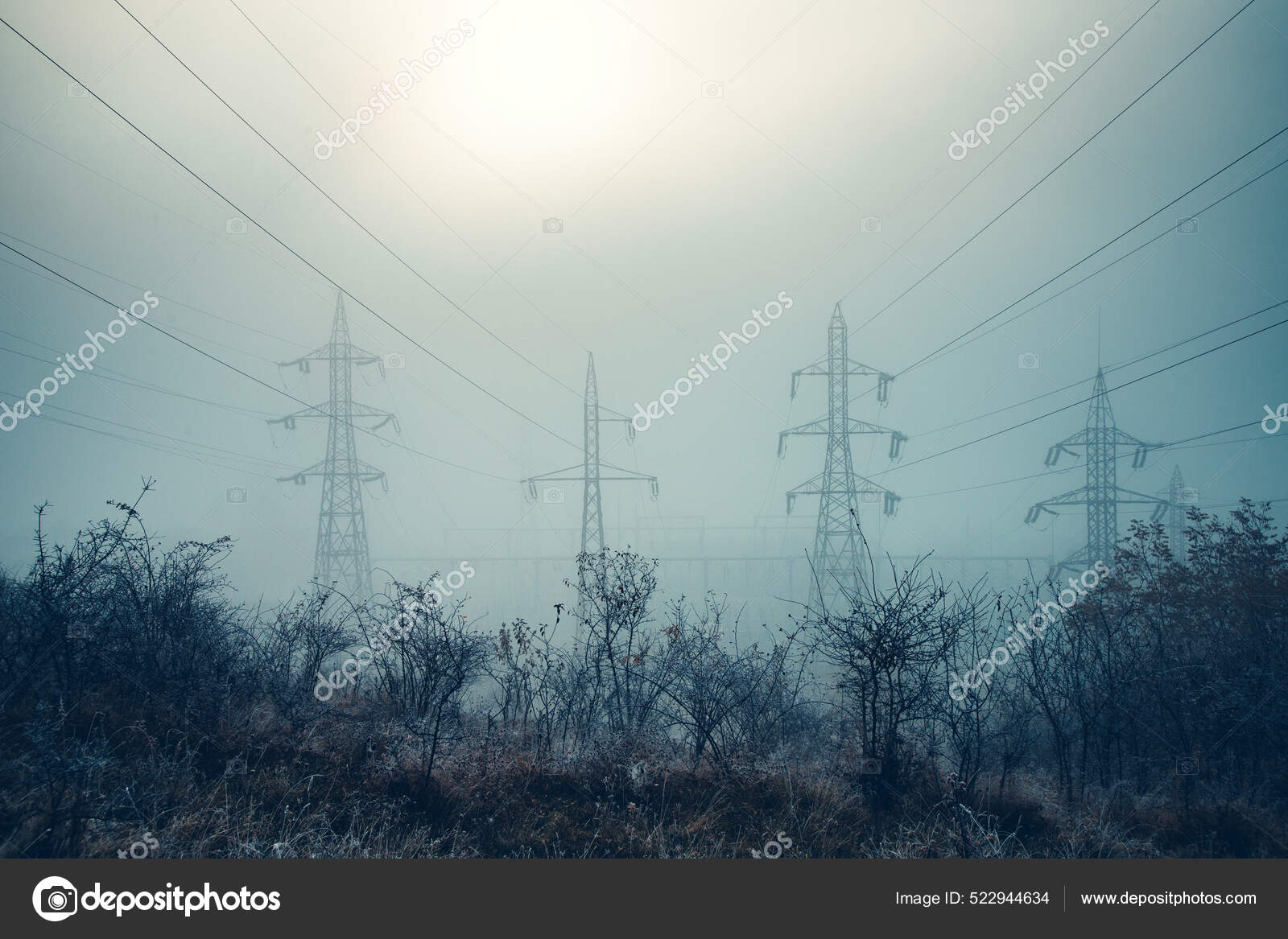 High Voltage Power Lines Fog Electricity Distribution Station High ...