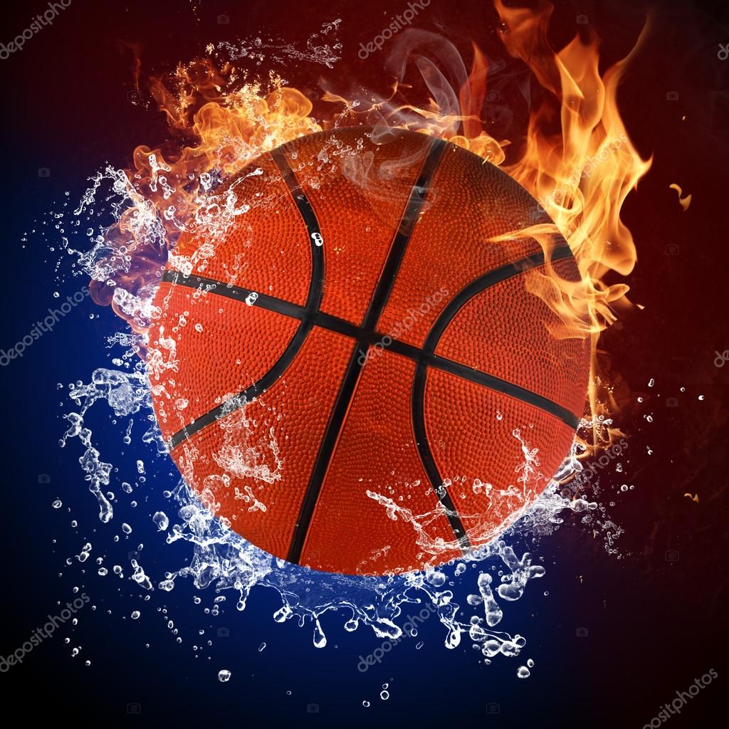 Basketball ball in fire flames and splashing water — Stock Photo ...