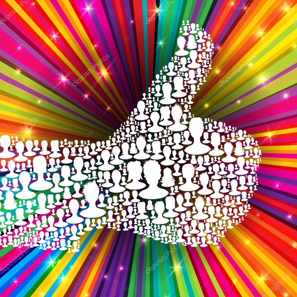 Thumb up symbol on colorful rays background. Composed from many Stock ...
