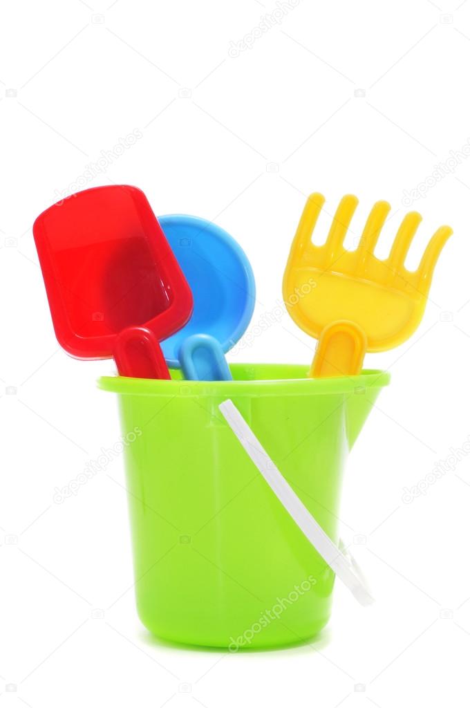 Sandstrand Leksak Set Hink Spade Och Kratta — Stockfotografi