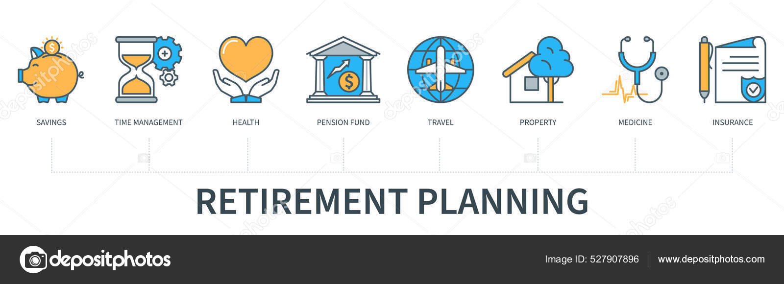 Retirement Planning Concept Icons Savings Time Management Health ...