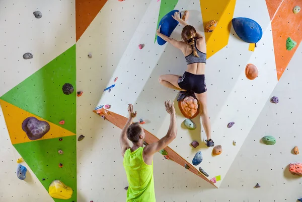 Young Woman Climbing Bouldering Route Indoor Climbing Gym Stock Photo ...