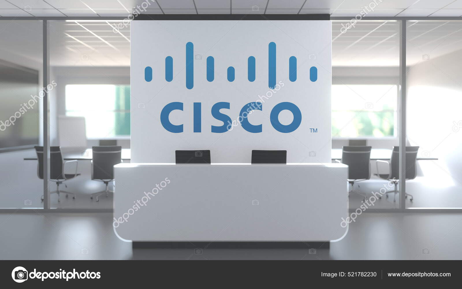 Logotipo de CISCO en una pared en la oficina moderna, representación conceptual editorial 3D ...