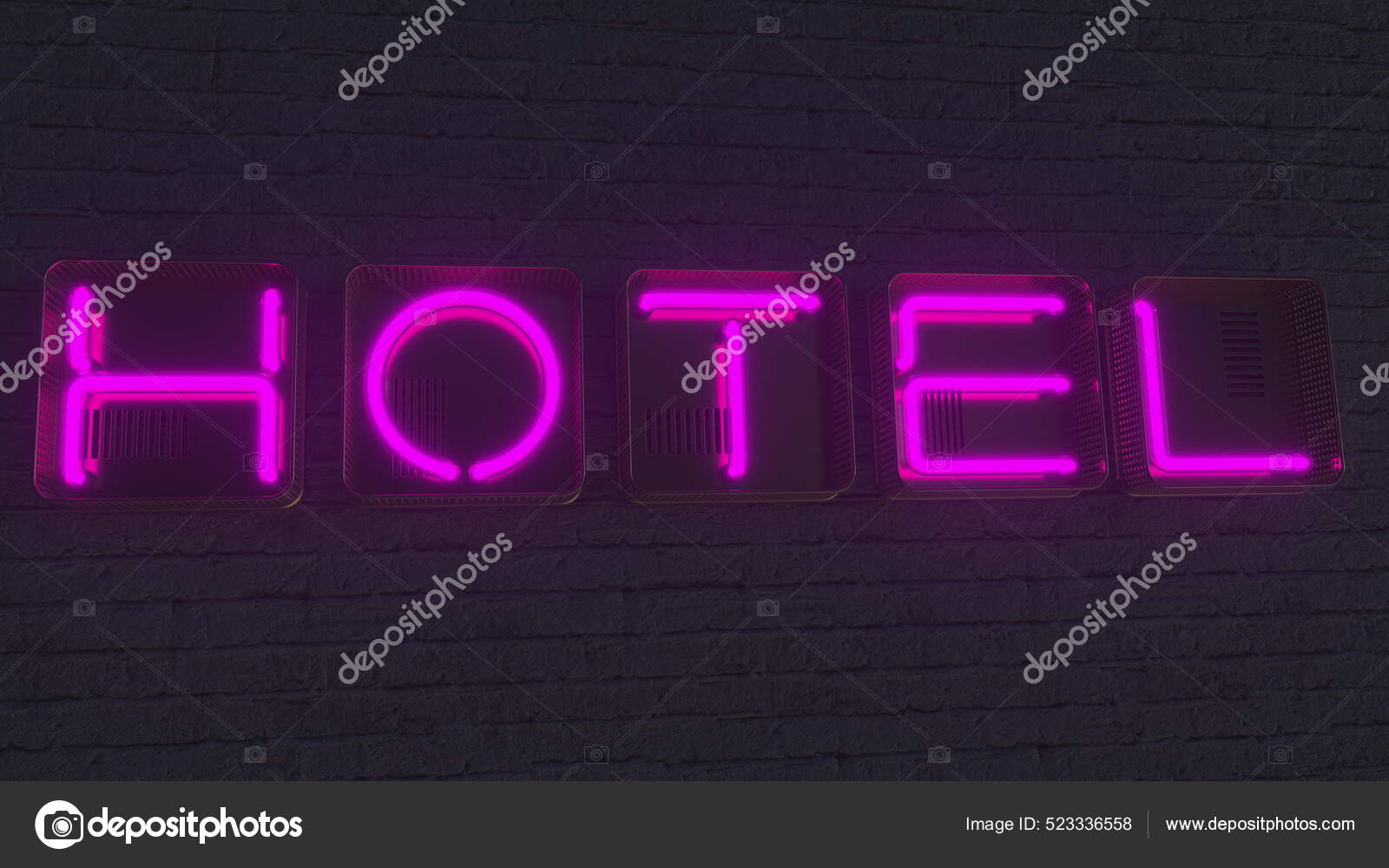 HOTEL signboard made with glowing neon letters in the dark. 3D ...