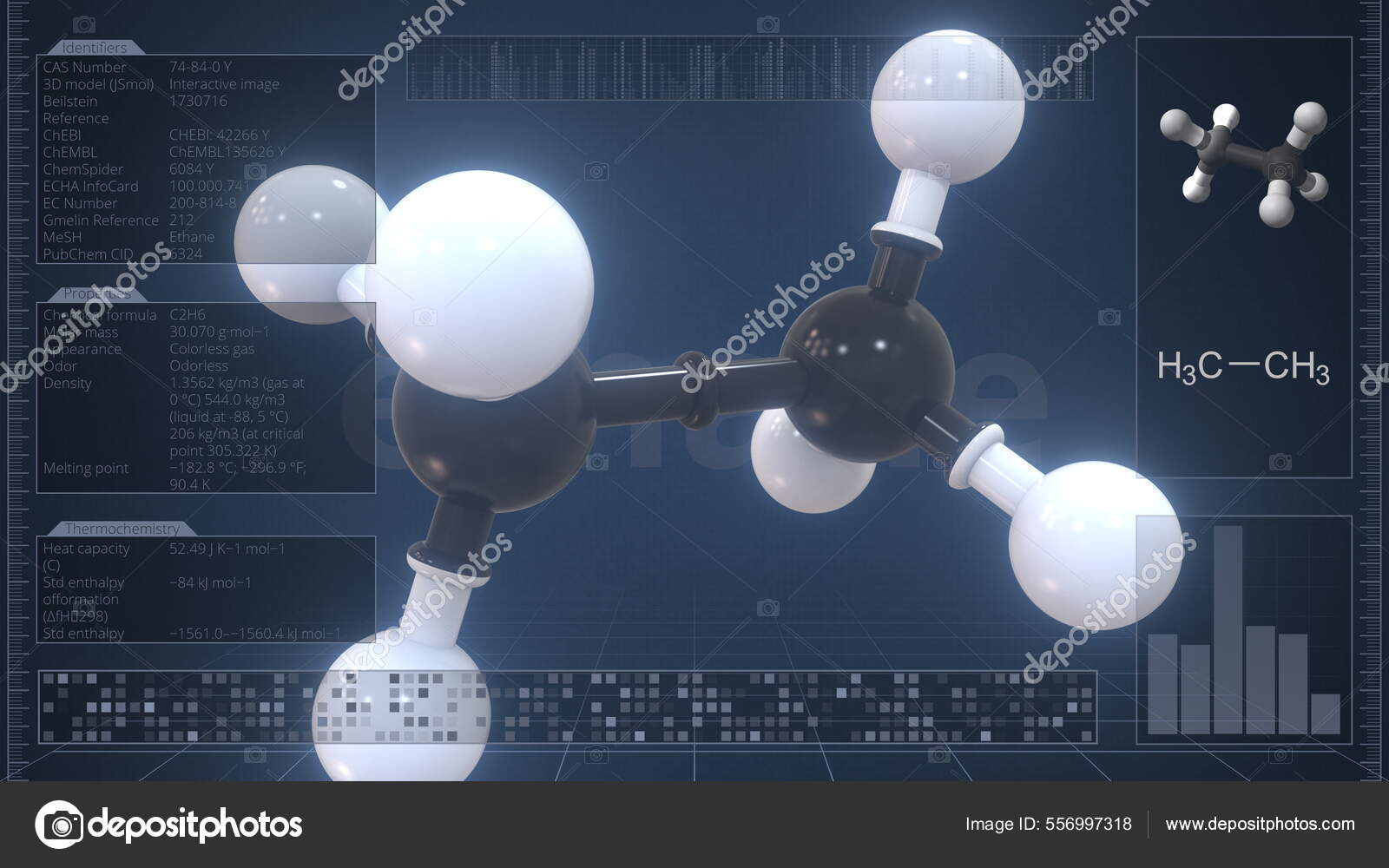 Ethane molecule with description on the computer screen, 3d rendering ...