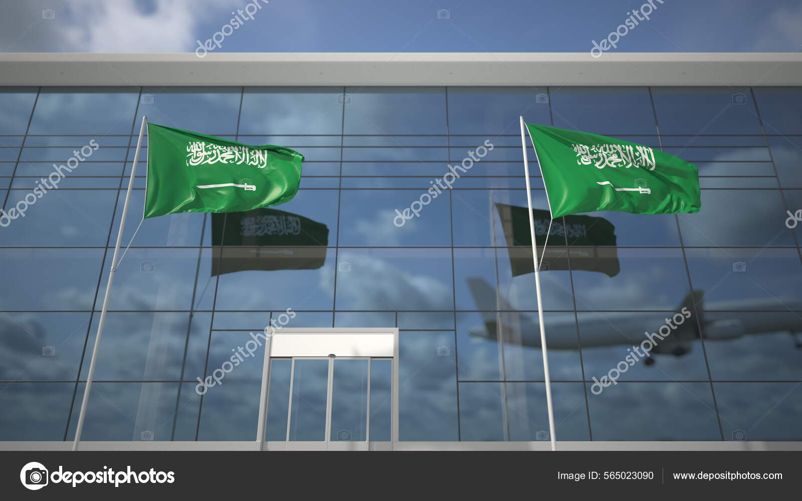 Flags of Saudi Arabia in the airport and landing commercial plane. 3D ...
