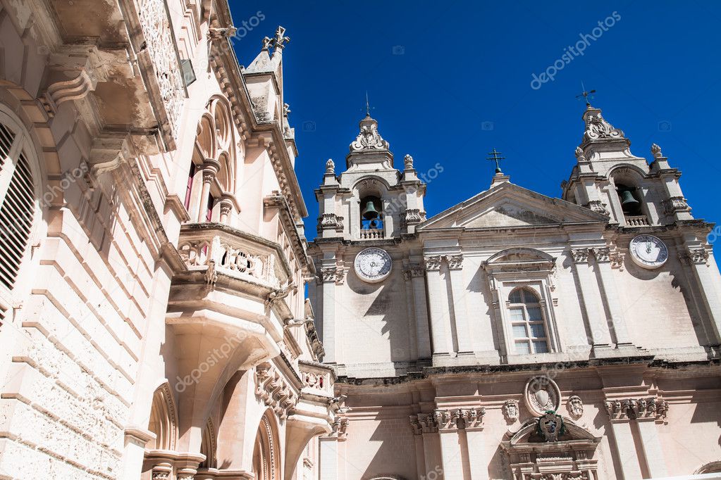 Classic Gothic architecture on a house in the old city of Mdina in ...