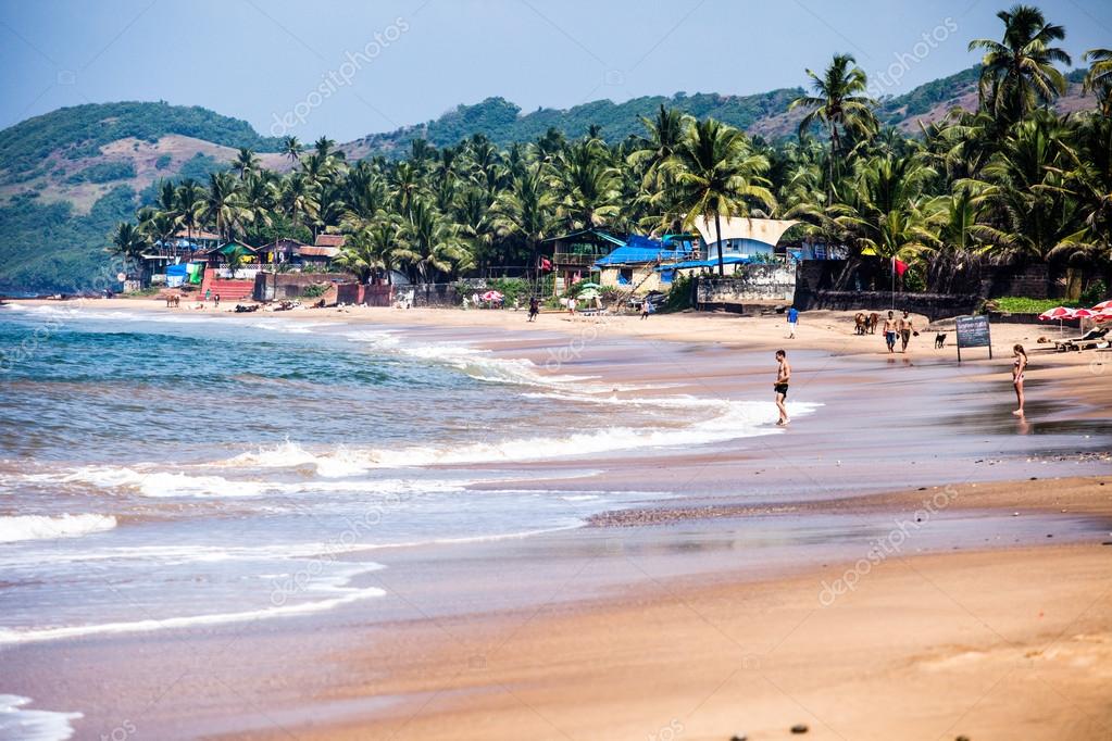 Exiting Anjuna beach panorama on low tide with white wet sand and green ...