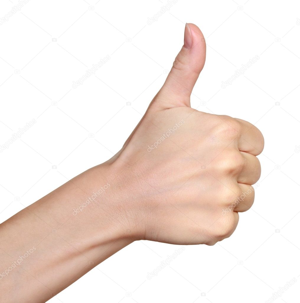Hand with thumb up isolated on white background. Ok sign by woma ...