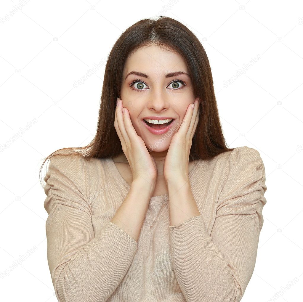 Mujer sorprendida con la boca abierta y gran mirada feliz — Foto de ...