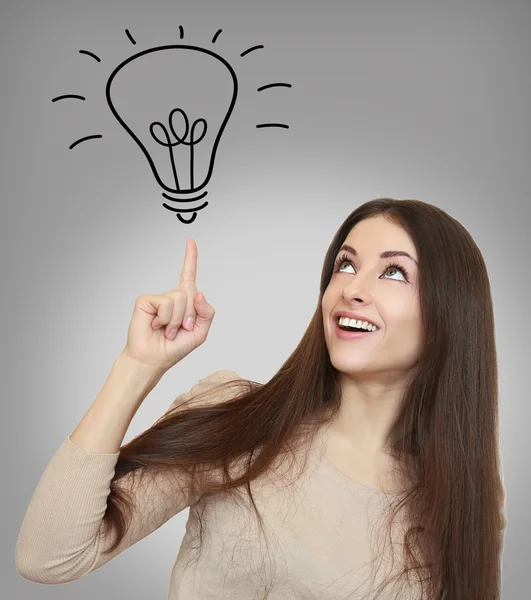 Thinking woman make decision and showing up on idea bulb sign is ⬇ ...