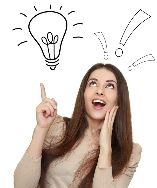 Thinking woman make decision and showing up on idea bulb sign is ⬇ ...