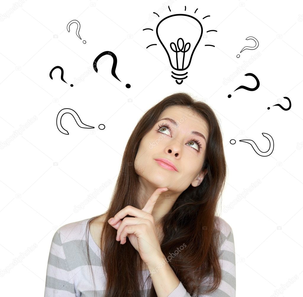 Denkende Frau mit Fragezeichen und Glühbirne über Iso — Stockfoto ...