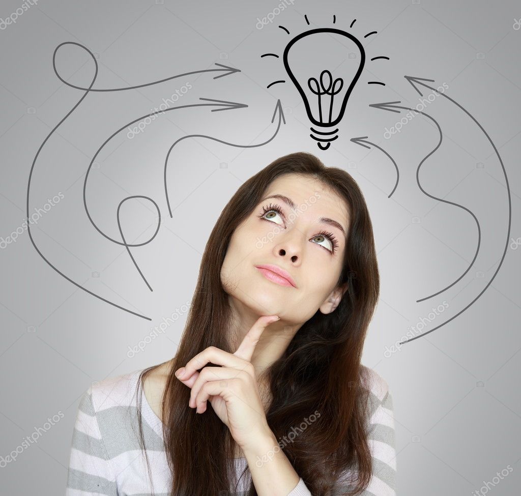Denken jonge vrouw denken met pijlen en lichte idee lamp ab ⬇ Stockfoto ...